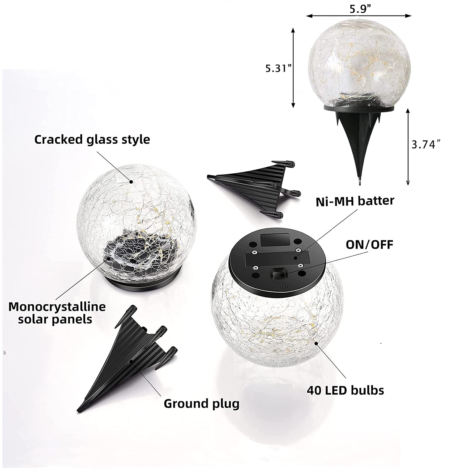 Garden Solar Lights Pathway Outdoor Cracked Glass Ball Waterproof Warm White LED for Walkway Patio Yard Lawn (5.9)