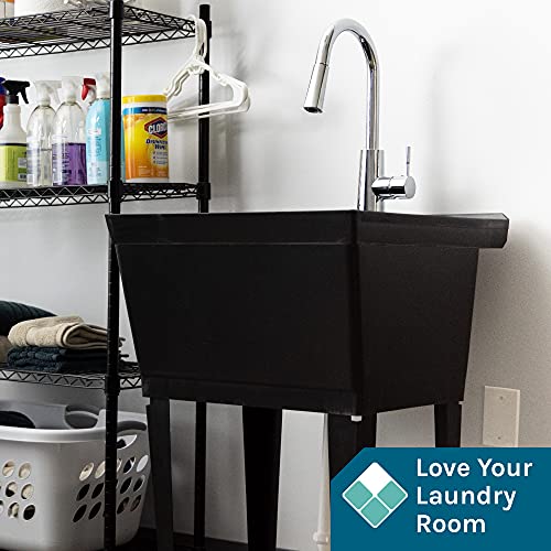Laundry Sink Utility Tub With High Arc Metal Pull Down Faucet By JS Jackson Supplies Parent (Chrome Faucet, Black Tub)