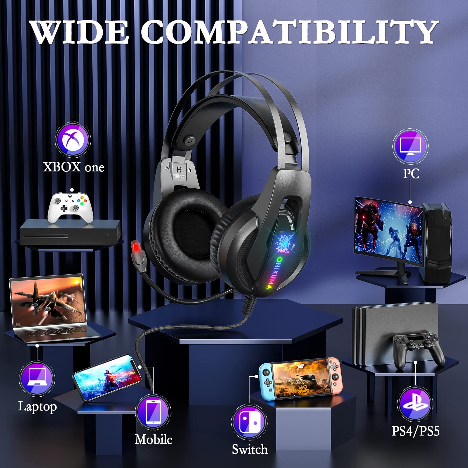 Gaming Headset for PS5, PS4 with Noise Canceling Mic, Xbox 7.1 Surround Sound, Headphones RGB Light, Compatible Xbox, PS4, PC, Switch…