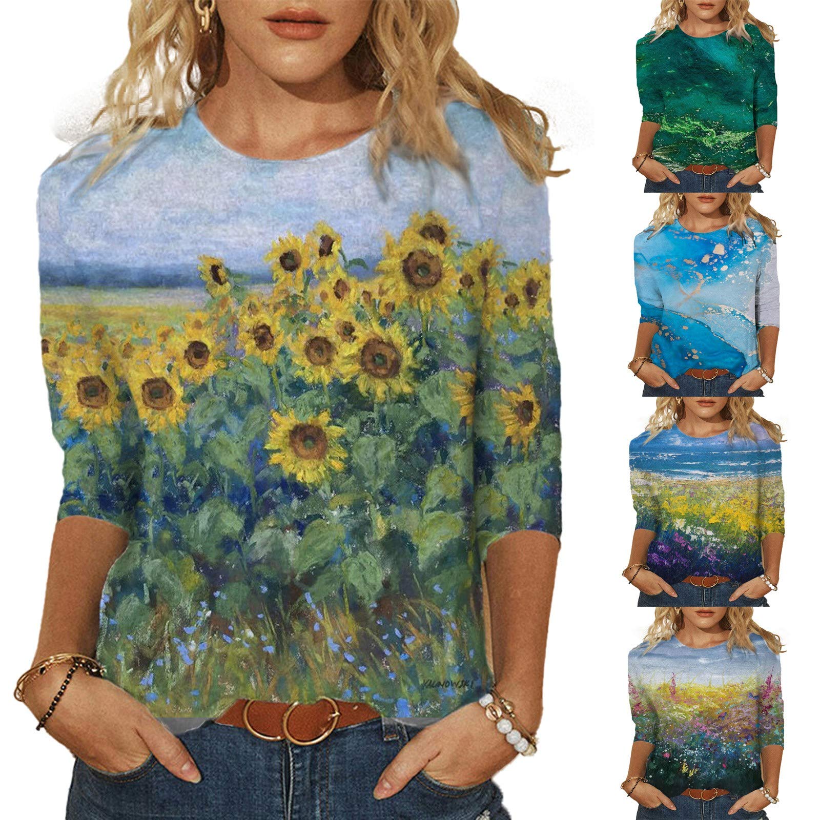 fartey 34 Sleeve Shirts for Women Summer Casual Print Tops Round Neck Loose Pullover Comfy Soft Blouses, Blue, X-Large