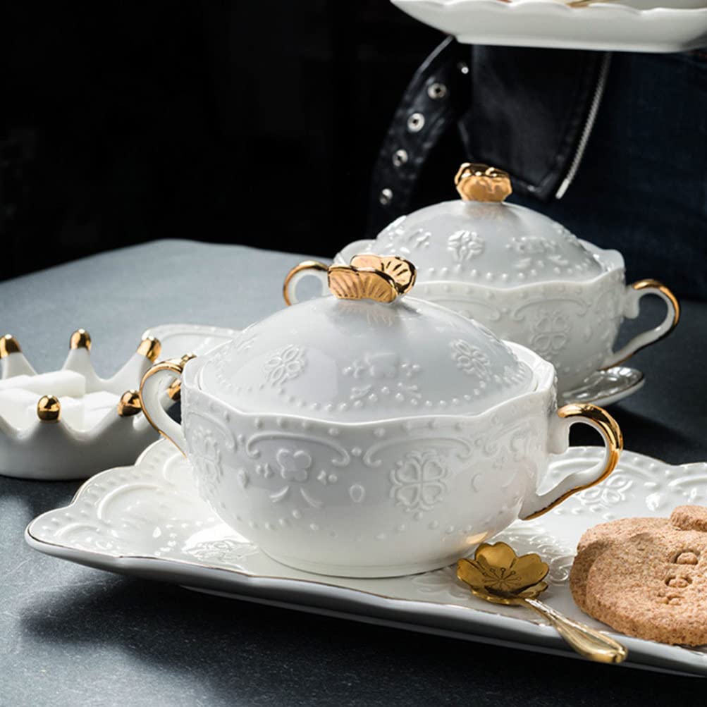 Hemoton Coffee Cups Ceramic ceramic stew pot with tray lid and porcelain soup bowl steam bowl soup bowl steaming cup food bowl for kitchen egg custard medicinal birds white Decaf Coffee