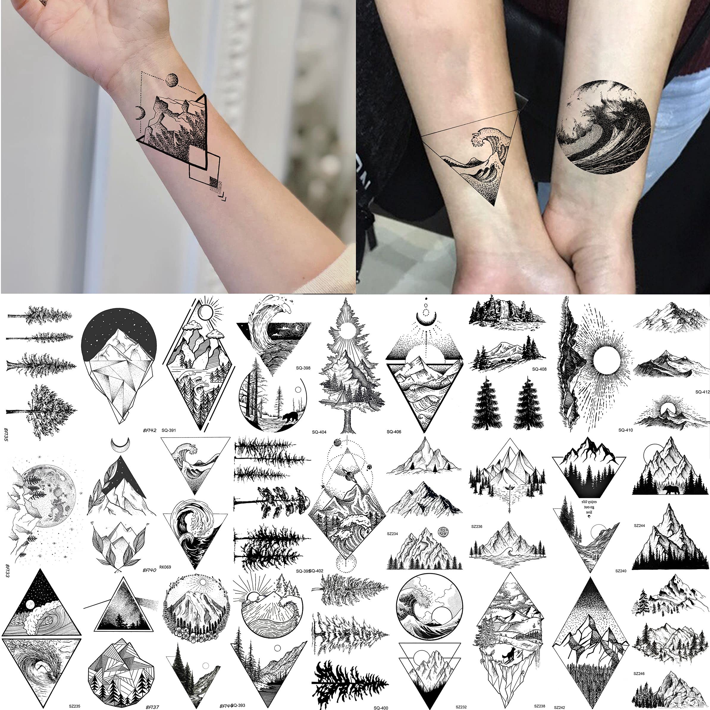 GOROMON 52 Sheets Small Black Mountain Temporary Tattoos For Men Women Adult, Geometric Sea Weave Forest Pine Tree Realistic Tattoo Sticker For Kids Children, Moon Sun Star Triangle Tatoos Outer Space