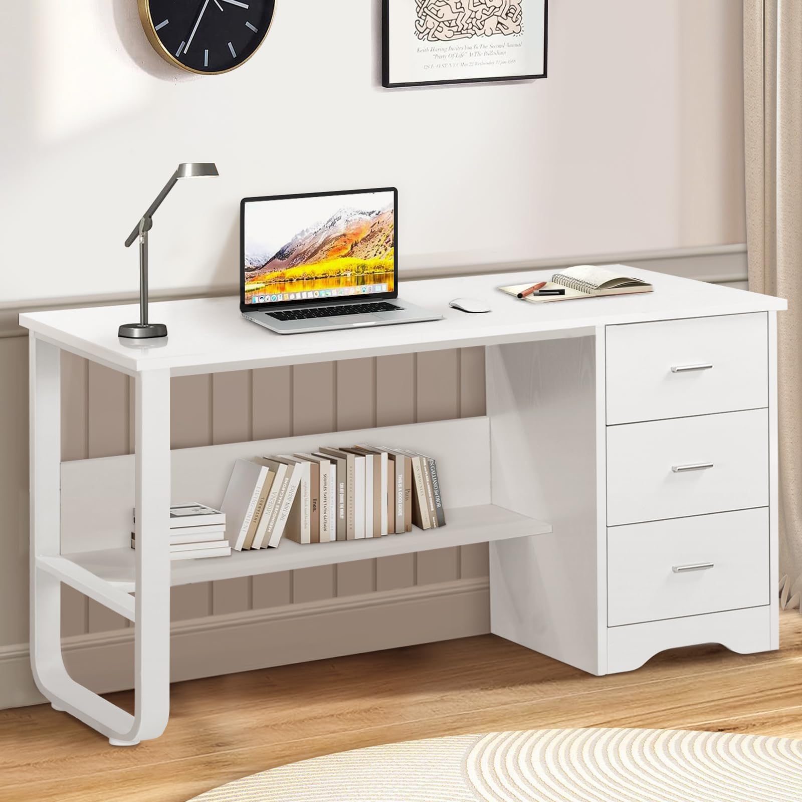 MaverickFurni White Desk with 3 Drawers, Small Desk with Stoage, Kids Desk for Bedroom, Study Desk with Bottom Shelf, White Wood Computer Desk for Home Office