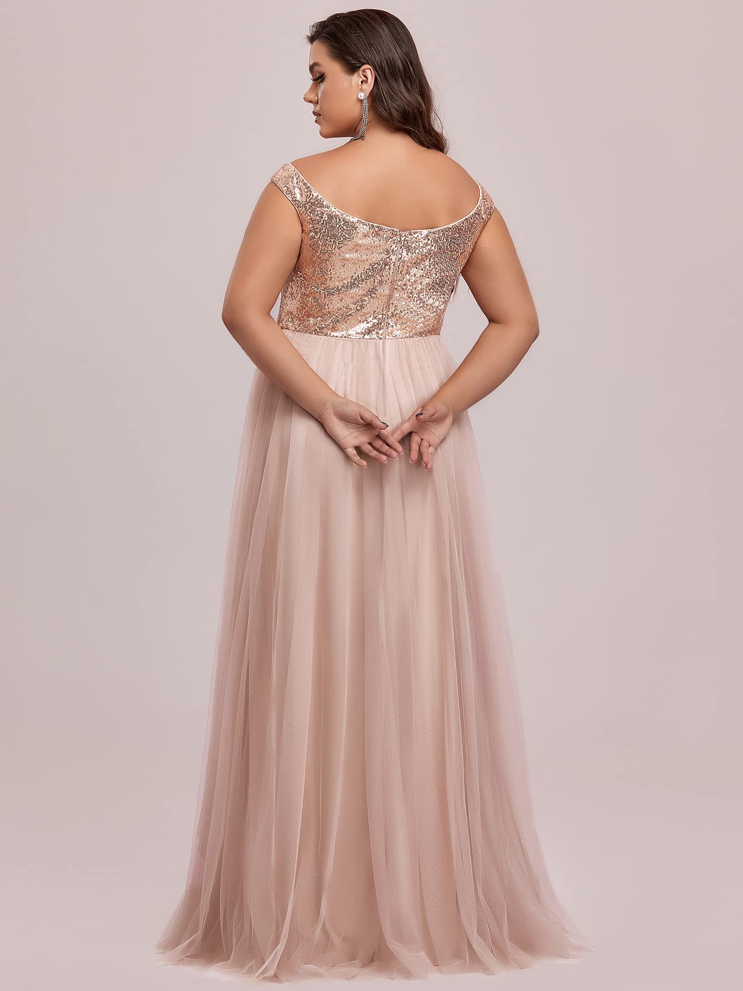Ever-Pretty Women's Cap Sleeve Sequin Plus Size A-line Tulle Wedding Party Dress Long Rose Gold US24