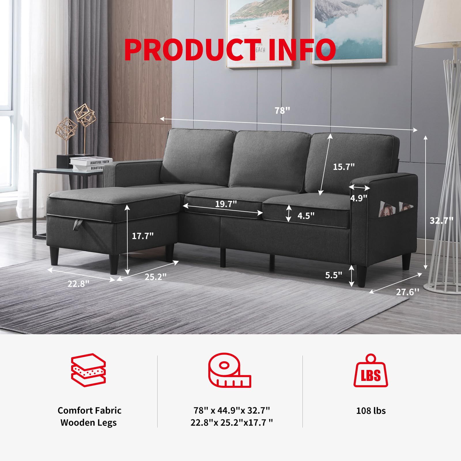 PUREMIND 78 Inches Convertible Sectional Sofa, Linen L-Shaped Sofa Couch with Reversible Storage Ottoman, Wooden Legs, 3-Seat Sectional Couches for Small Space, Apartment, Office (Dark Grey)…