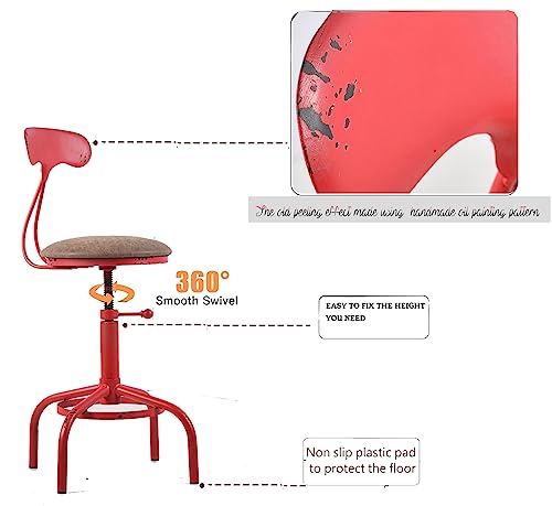 Topower 3-Piece Pub Bar Set Industrial Round Bar Table and Adjustable Height PU Seat Stools with Backrest for 2 Match Bar Height and Counter Barstool Antique Red 1 Table + 2 Chairs