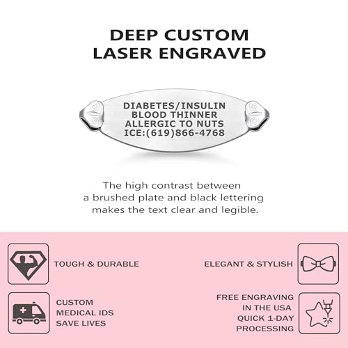 Divoti Custom Engraved Filigree Medical Alert ID Bracelets for Women, w/Heart Link β White-8.0"
