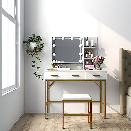 Vanity Table with Lighted Mirror, 3 Drawers Makeup Desk Dressing Table with Lots Storage Vanity Set with Wider Cushioned Stool for Bedroom (White)