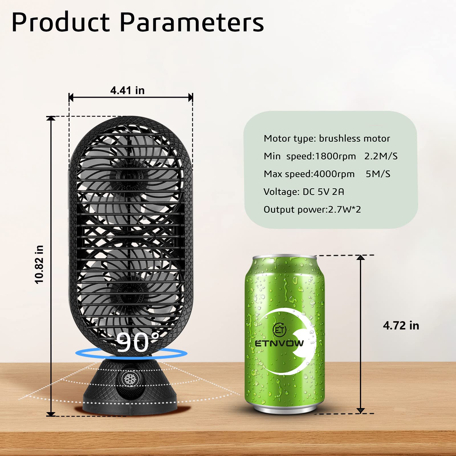 ETNVOW USB Desk Fan Oscillating Cooling, Portable Table/Desktop Fan with Dual Head,Dual Air Circulation,Stepless Speed Quiet USB Tower Fan for home bedroom Office