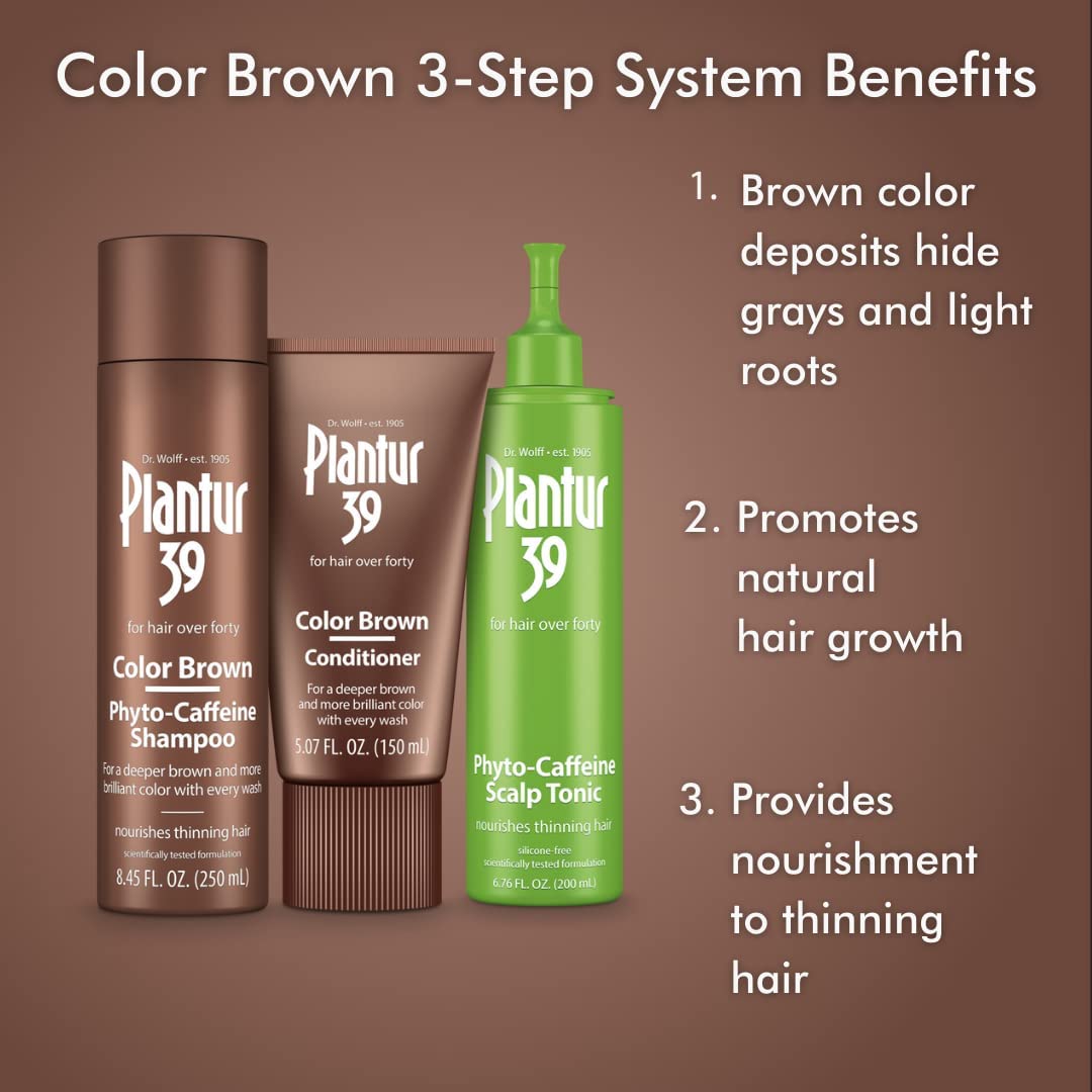 Plantur 39 Brilliantly Brown 3-Step System - Phyto-Caffeine Shampoo 8.45fl oz, Conditioner 5.07fl oz, Tonic 6.76 fl oz