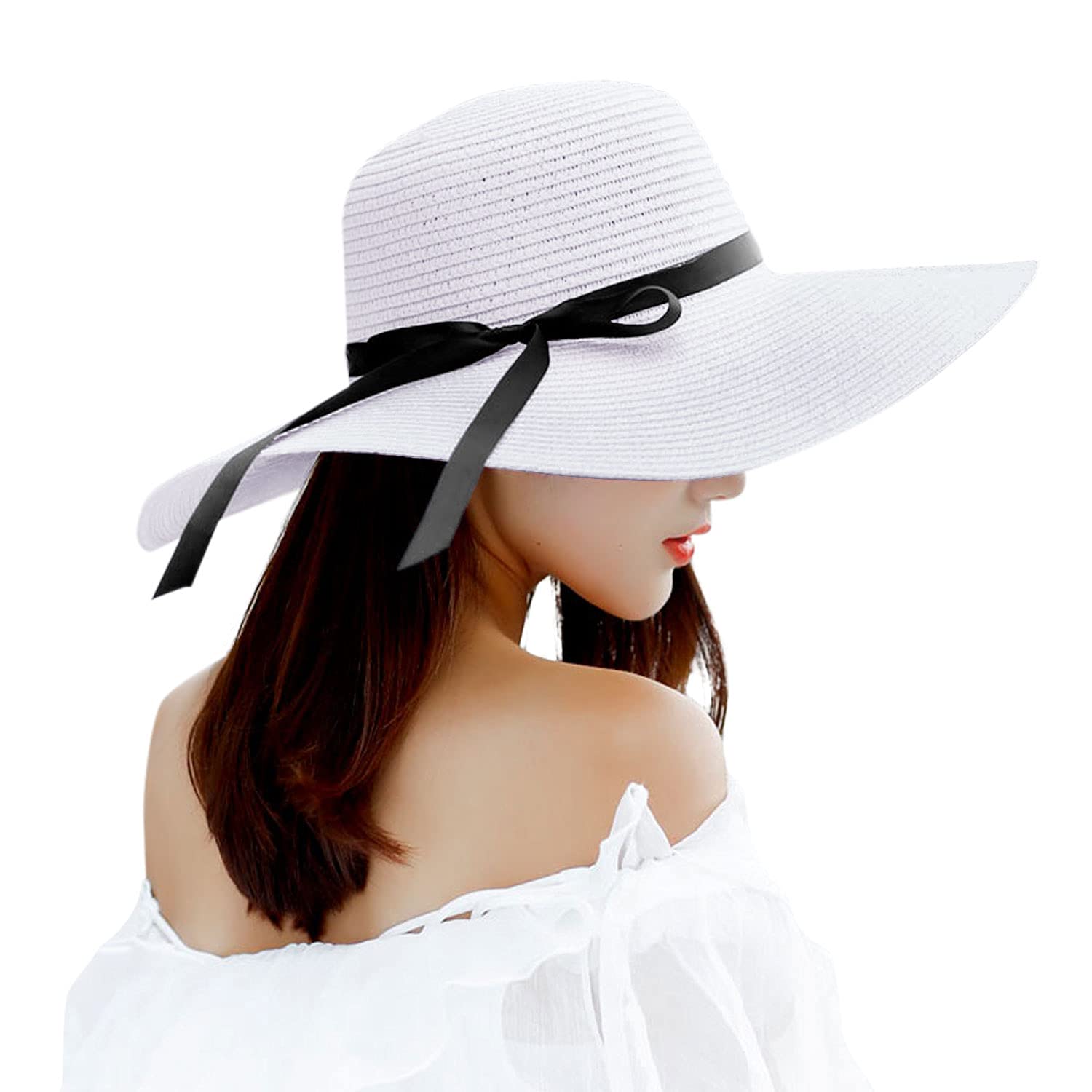 FARVALUE Womens Straw Hat Wide Brim Floppy Beach Cap Adjustable Sun Hat for Women UPF 50+ White