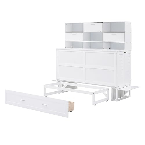 DEYOBED Queen Size Murphy Bed - Features Bookcase, Bedside Shelves, and Spacious Drawer - Space-Saving Solution for Guest Room or Home Office - White