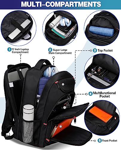 VANKEV Travel Backpack, Extra Large Laptop Backpack for Women Men,School College Business Work Bookbag Anti Theft TSA Approved Computer Bag Fits 17 Inch Laptop with USB Charging Port(Black)