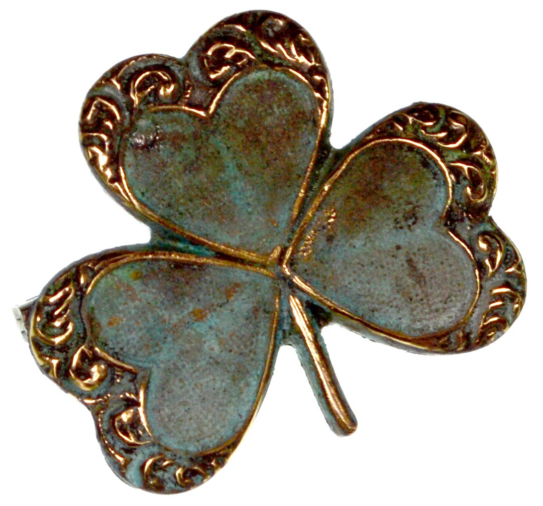 Elaine Coyne Verdigris Patina Brass Decorative Shamrock Pin