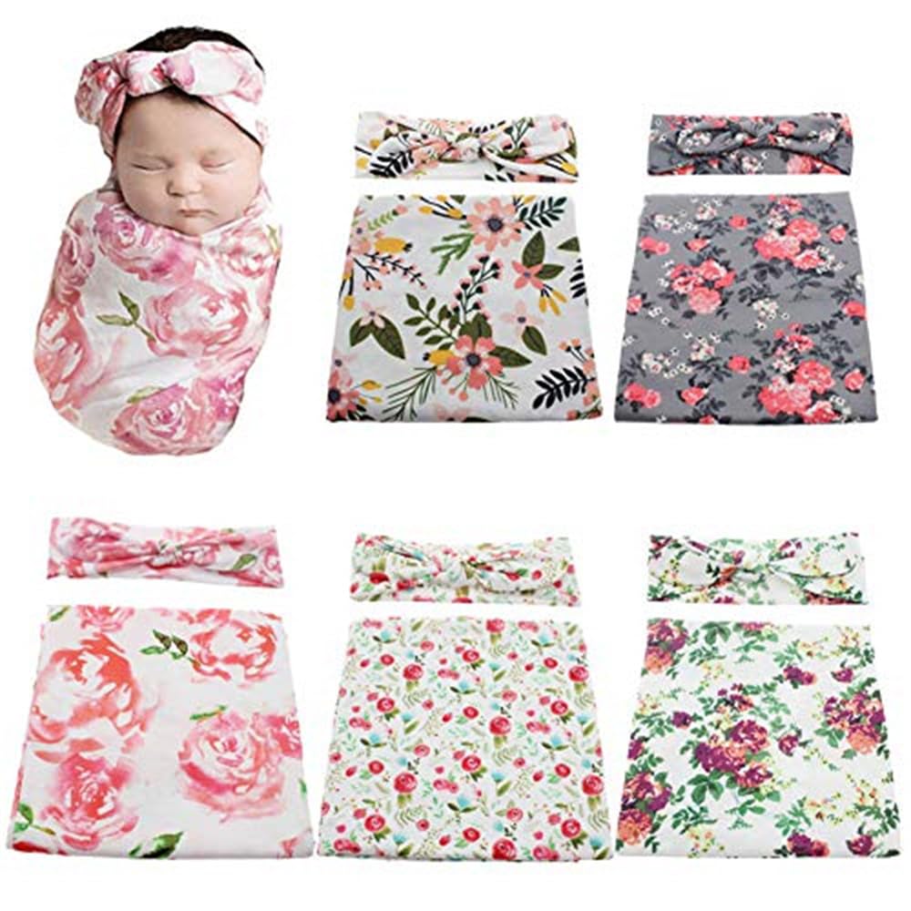 FasterS Infant Floral Swaddle Wrap with Headbands Hats Value Set Newborn Receiving Blanket Photography Props 35X35inch (Gray-2)