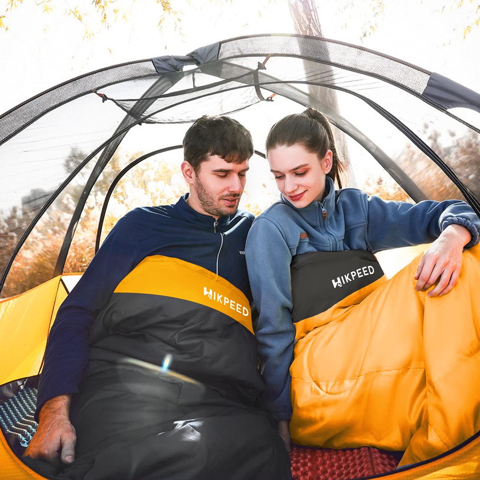 HIKPEED Backpacking Sleeping Bag, Sleeping Bag for Kids Adults Teens - Lightweight Compact Hiking Camping Sleeping Bag, Suitable for 3 Seasons Warm & Cool Weather (Black+Orange)