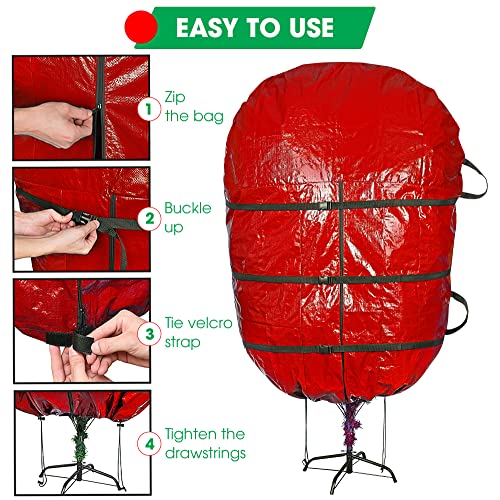 ProPik Upright Christmas Tree Storage Bag - Fits 7.5 Ft. Xmas Tree - Heavy Duty Polyethylene, Waterproof Bag for Christmas Tree Storage - Reusable, Adjustable, Zipper Closure, Ergonomic Handles for Transportation (7.5ft, Red)