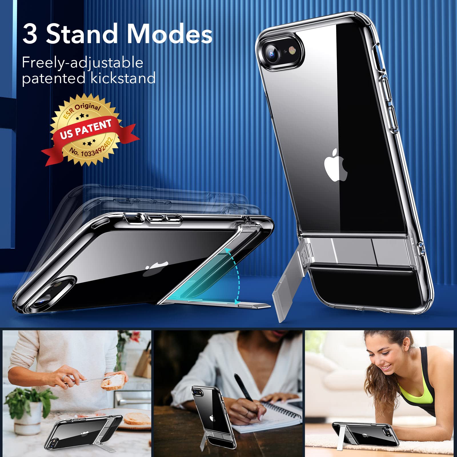 ESR Metal Kickstand Compatible with iPhone SE 2022 Case/iPhone SE 2020 Case/iPhone 8 Case, Patented Two-Way Stand, Powerful Drop Protection, for iPhone SE 3/2 case, Clear