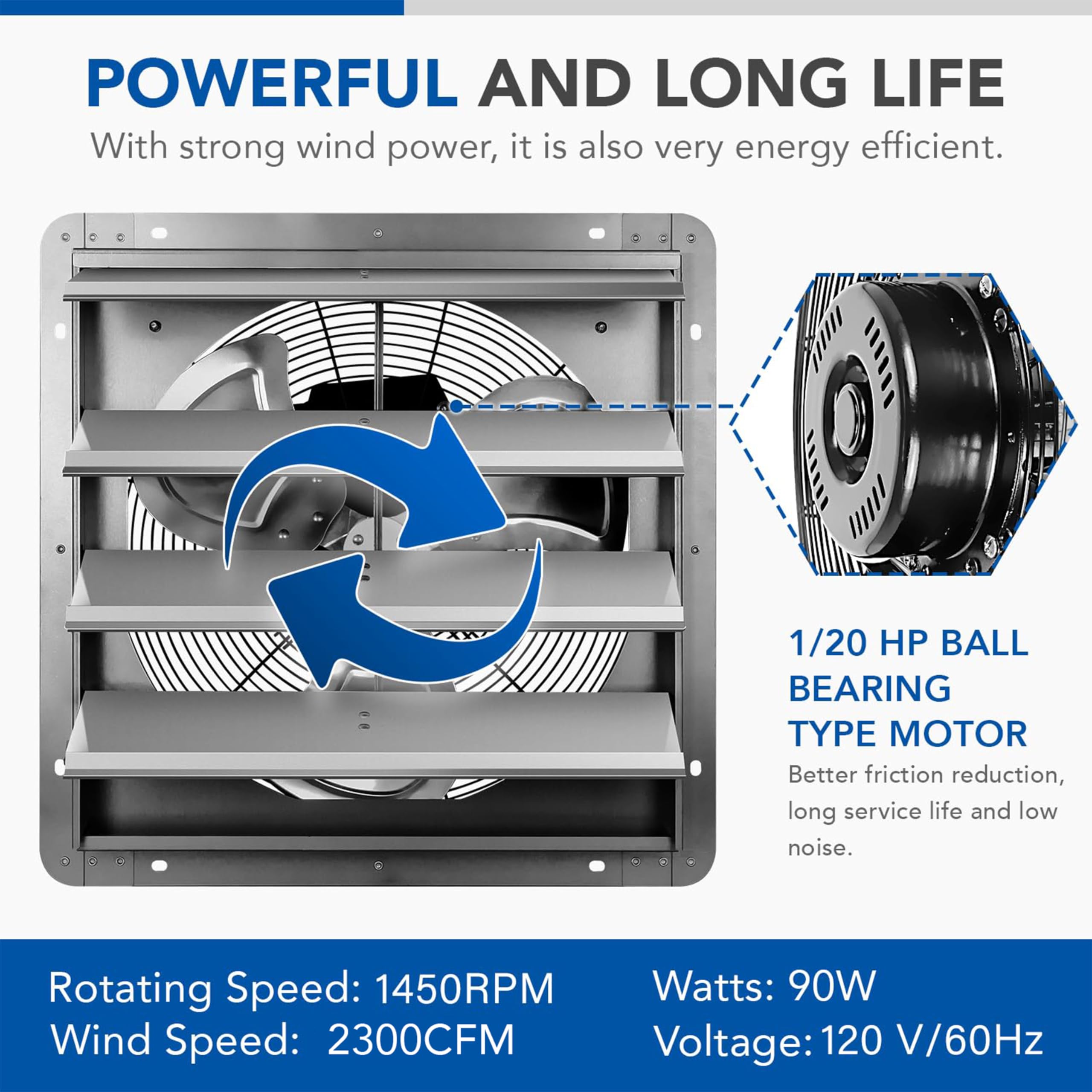 iPower 16 Inch Shutter Exhaust Fan Aluminum High Speed 1450RPM, 2300CFM, Silver, with Adjustable Programmable Thermostat