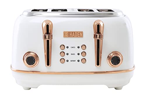 HADEN Heritage Stainless Steel Bread Toaster - 4-Slice Wide Slot Toaster with Button Settings, Removable Crumb Tray with Bagel and Defrost Settings - Ivory and Copper