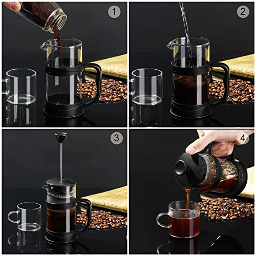 PARACITY French Press Coffee/Tea Maker, Camping Mini Coffee/Tea Press of 304 Stainless Steel Filter and Heat Resistant Glass, Cold Brew Coffee Maker 12OZ for Travel& Home Gift(Black)