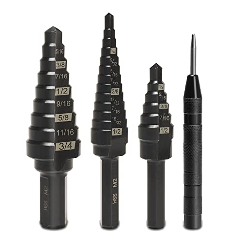 Lichamp Step Drill Bit Set for Metal Sheet Heavy Duty, 4-Piece Genuine M2 HSS Step Up Down Drill Bits Stepper Unibit for Steel Hole, 28 Sizes from 1/8 to 1/2 inches