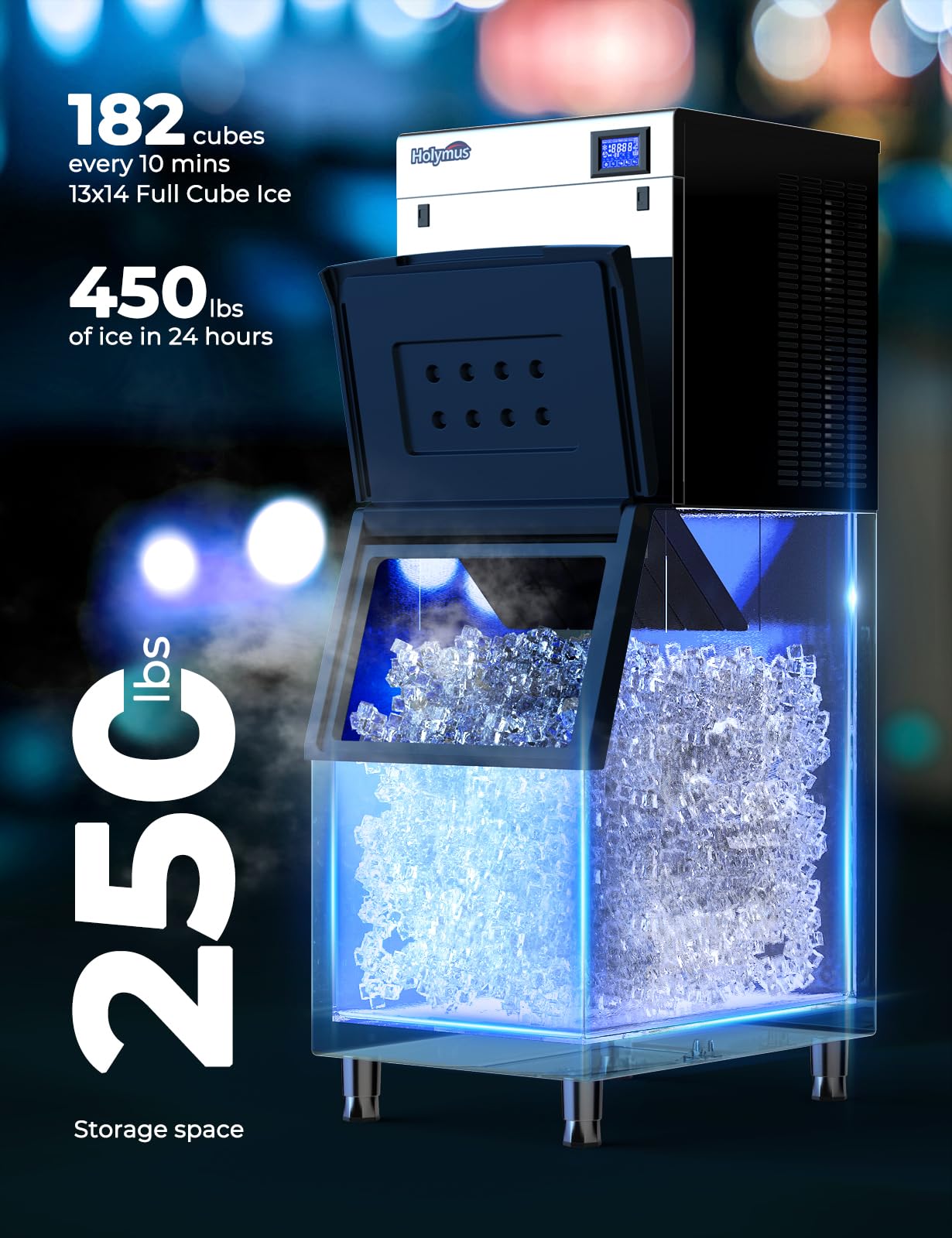 Pro 22" Commercial Ice Maker Machine 450LBS/24H with 250LBS Storage Bin, Powerfull Compressor, 182 Full Cube Ice Ready in 8-15 min, Air Cooled, Upgraded Industrial Ice Machine for Business