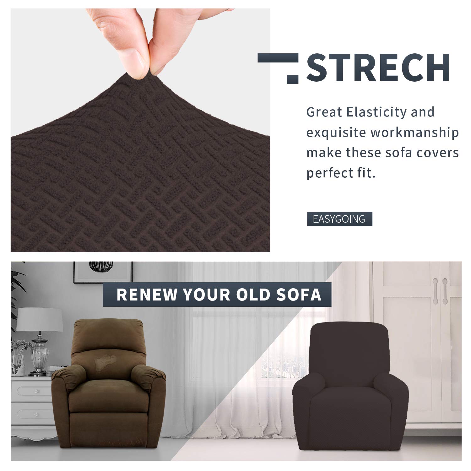 Easy-Going Stretch Jacquard Recliner Couch Cover, 4-Piece Soft Sofa Cover, Sofa Slipcover with Elastic Loop, Washable Furniture Protector for Kids, Pets, Dogs, Cats (Recliner, Chocolate Brown)