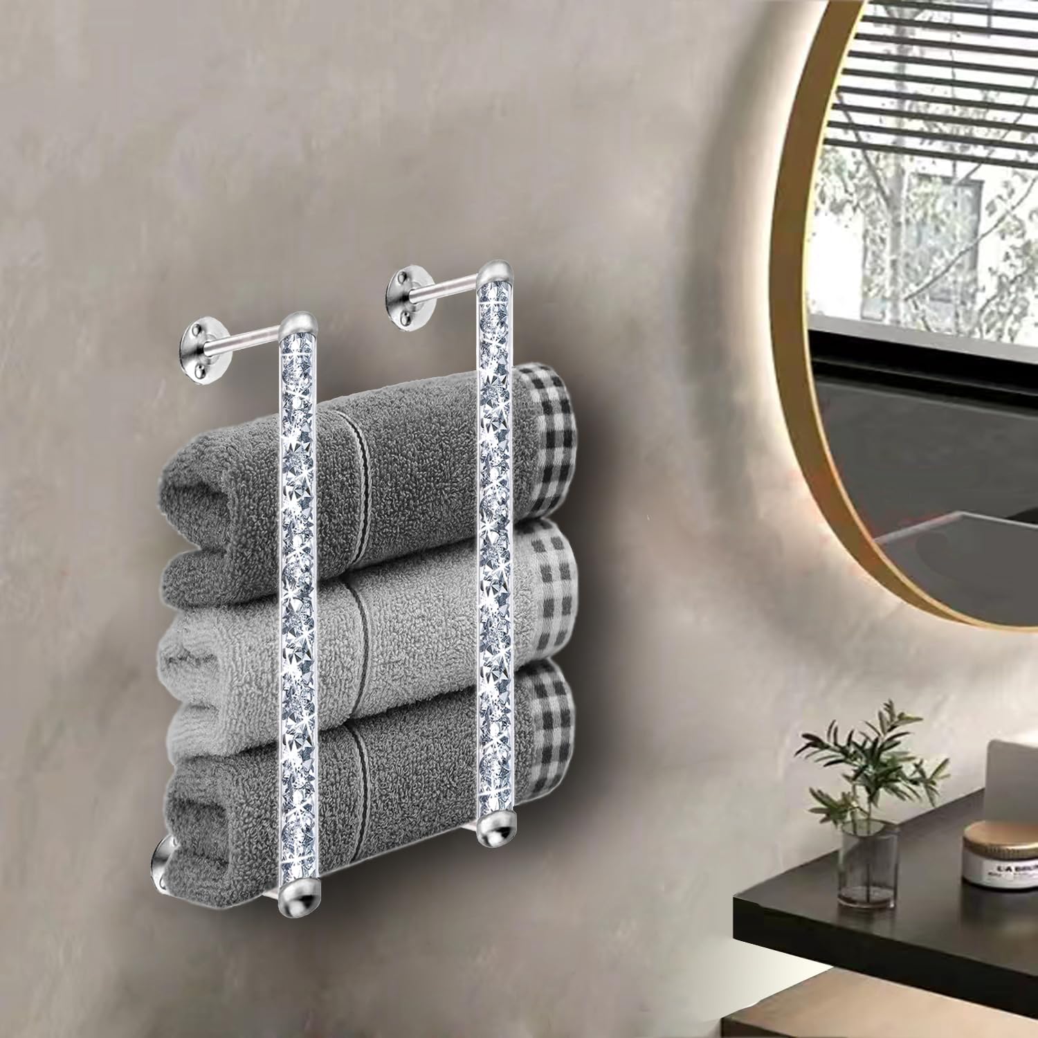Meetart Towel Racks for Bathroom,Crystal Crushed Diamond Wall Towel Bar,2 Bar Mounted Bathroom Towel Organization for Rolled Towels,Rolled Blanket.(20”)