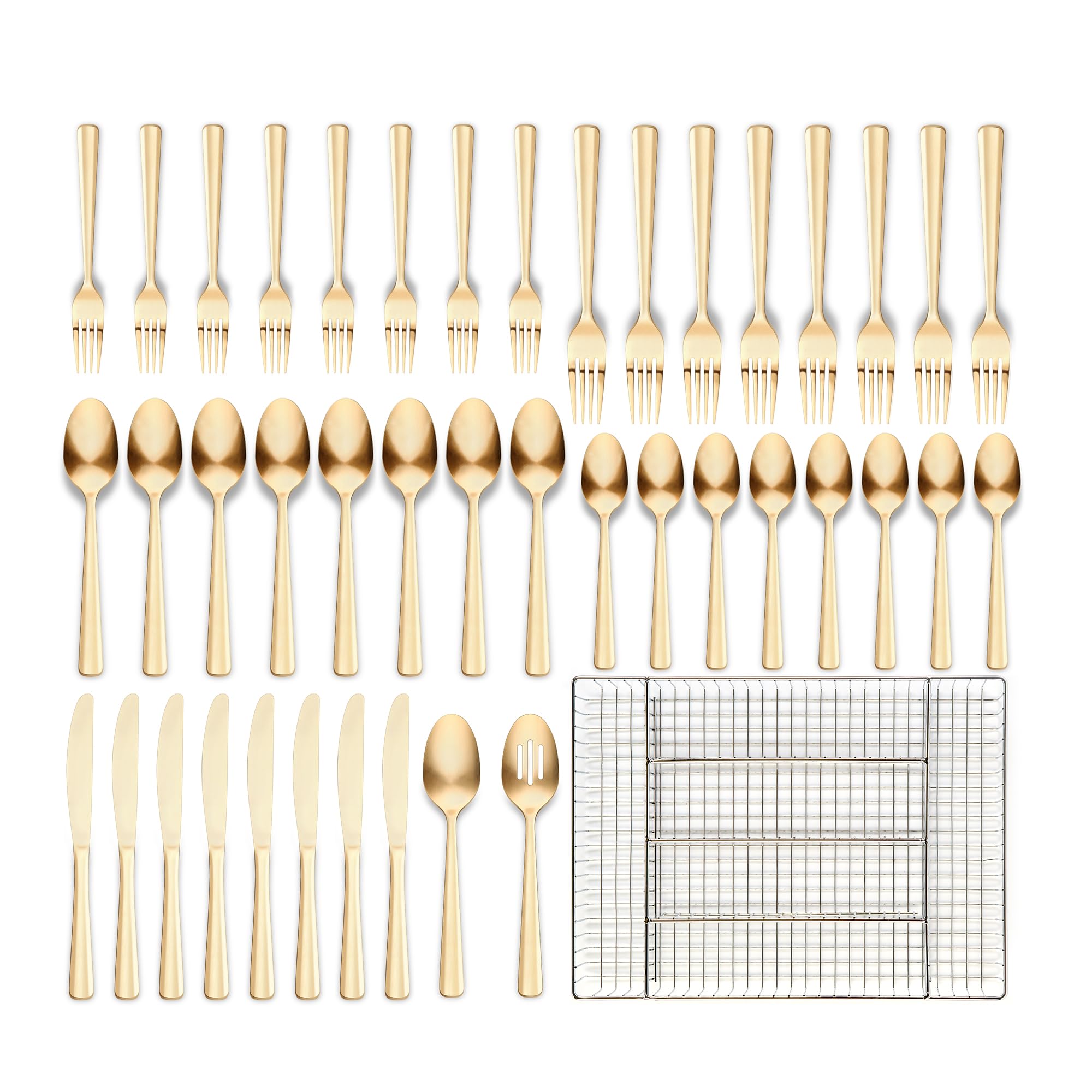 ORNATIVE - Alicja Silverware Set W/BUF with Drawer Organizer & Service for 8, Set Includes Knives, Forks & Spoons for Home, Kitchen & Restaurant, 18/0 Stainless Steel & Dishwasher Safe - 42 Pcs, Gold