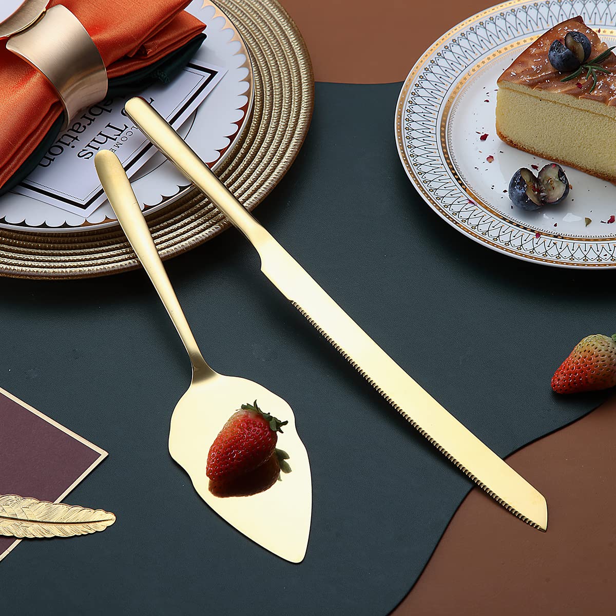 Gold Wedding Cake Knife and Server Set, Stainless Steel Cake Cutting Set for Wedding, Include Cake Cutter and Cake Server for Wedding, Parties, Activities, Family, Dishwasher Safe (Shiny Gold)