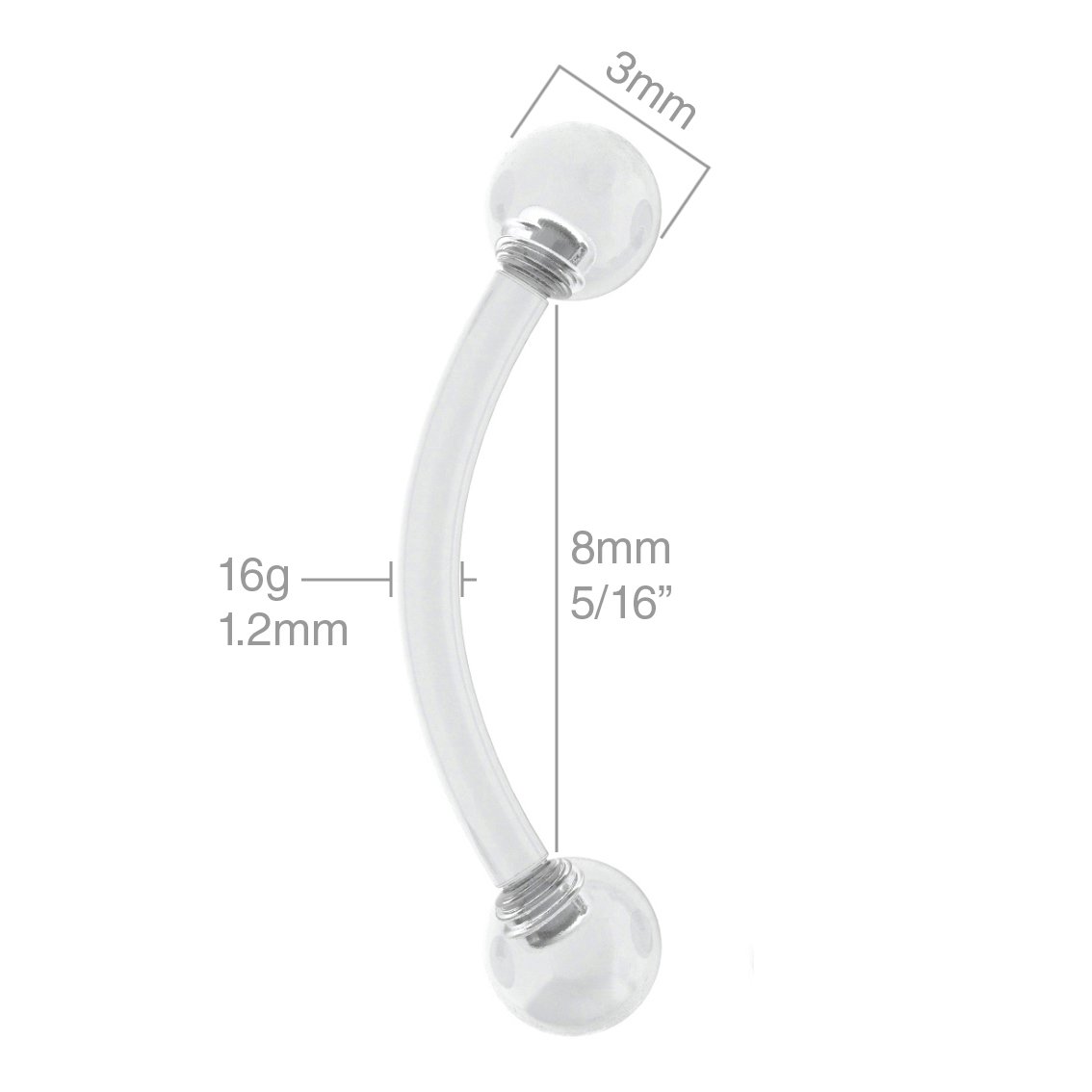Evonix 4pc 16g Clear Flexible Curved Eyebrow Ring Piercing Retainer 8mm & 10mm Cartilage Tragus Barbell Bioplast Retainers For Work