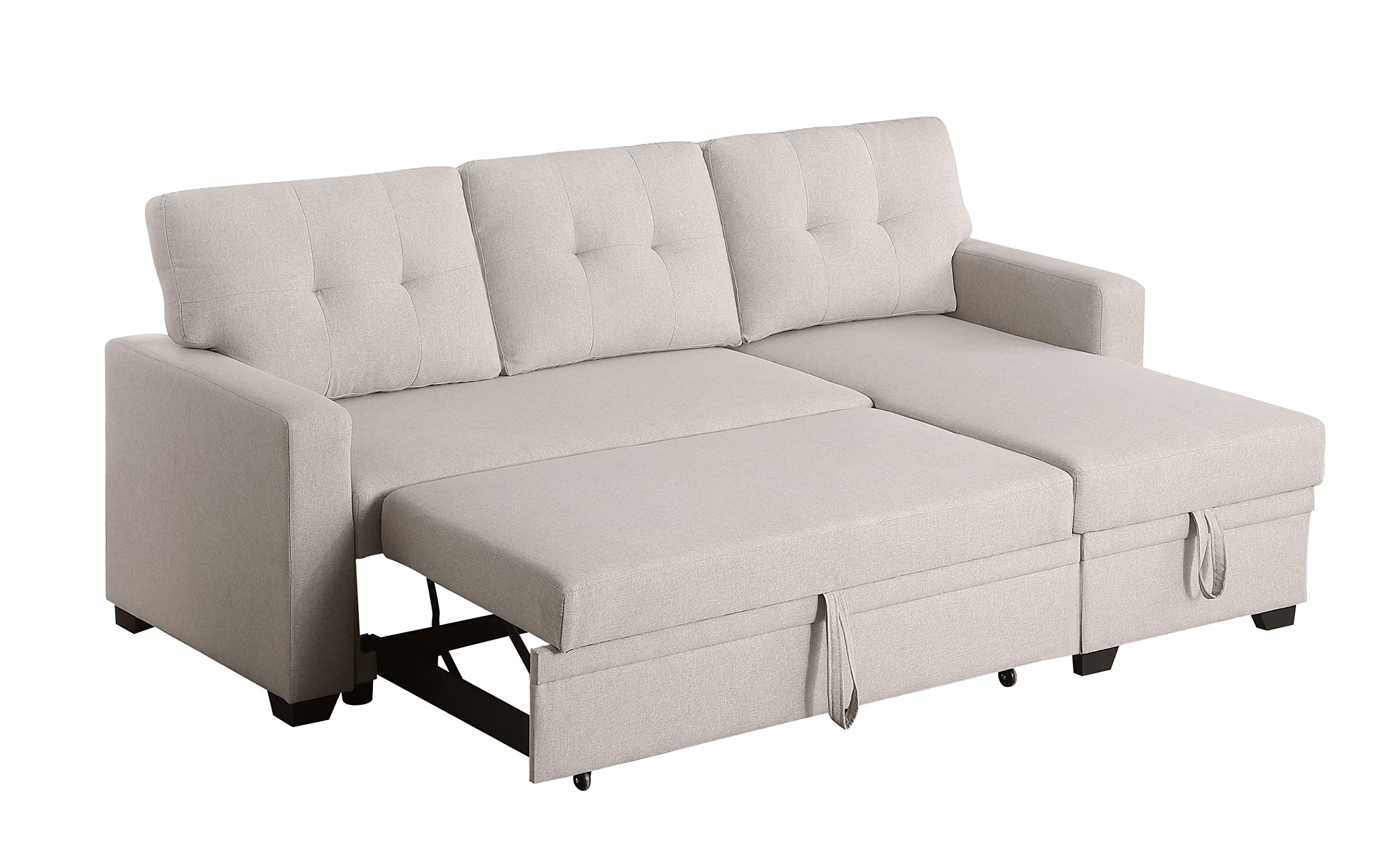 L Shaped Convertible Sleeper Sectional Sofa with Storage Chaise and Pull-Out Bed, Linen Upholstered Reversible Corner Couch w/Detachable Backrest for Living Room, Apartment, 3 Seater Home Furniture