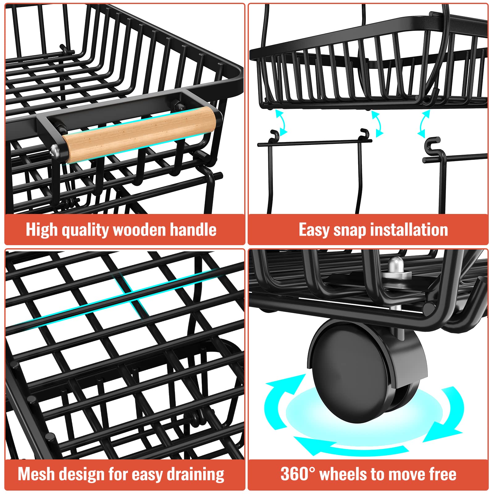 Fruit Vegetable Basket, 4 Tier Fruit Vegetable Storage Cart, Vegetable Basket Bins Rack for Onions and Potatoes, Rolling Utility Cart for Kitchen Pantry Bedroom Living Room, with Handle
