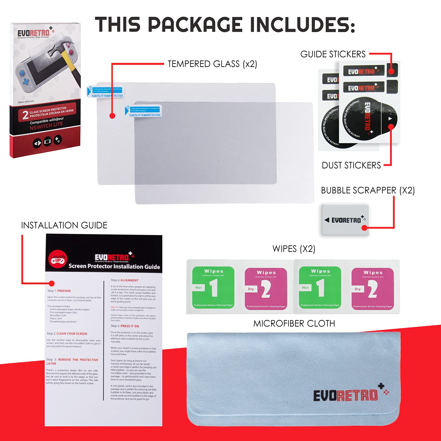 EVORETRO Screen Protector Compatible for Nintendo Switch Lite β Ultra Clear Heavy Duty Tempered Glass Protection Kit with High Accuracy Response and Premium Protection (2-Pack)