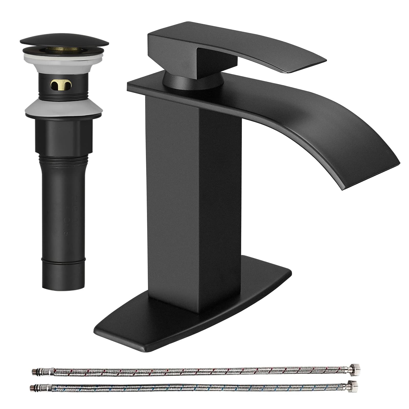 Hoimpro Black Waterfall Bathroom Faucet with cUPC Supply Lines, Single Handle Bathroom Sink Faucet with Pop-up Drain, Rv Vanity Vessel Faucet with Deck Plate, Matte Black, 1 or 3 Hole