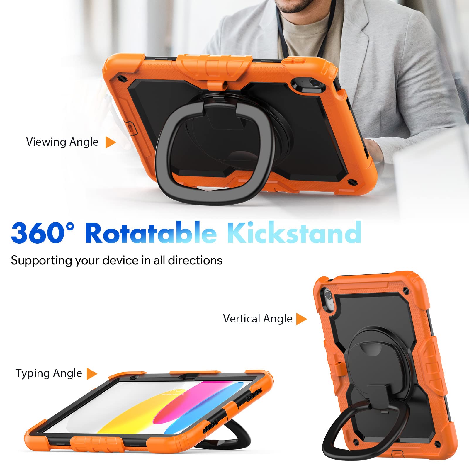 HXCASEAC Case for iPad 10th Generation with 360 Degree Rotating Handle Grip/Screen Protector/Pencil Holder - Orange
