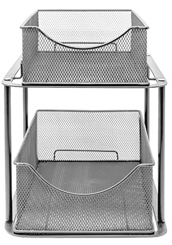 Sorbus 2 Tier Under The Sink Organizer Baskets with Mesh Sliding Drawers —Ideal for Cabinet, Countertop, Pantry, and Desktop, for Bathroom, Kitchen, Office, etc.—Made of Steel (Silver)