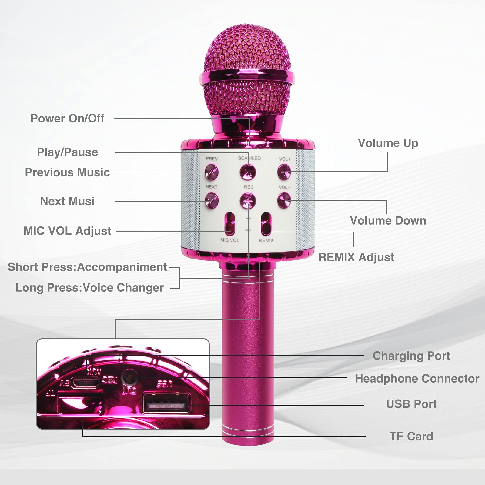 DREAM&GLAMOUR Karaoke Microphone for Kids,Bluetooth Wireless Microphone with LED Lights,Portable Handheld Karaoke Mic Speaker Machine for Girls Boys Adults(Pink)