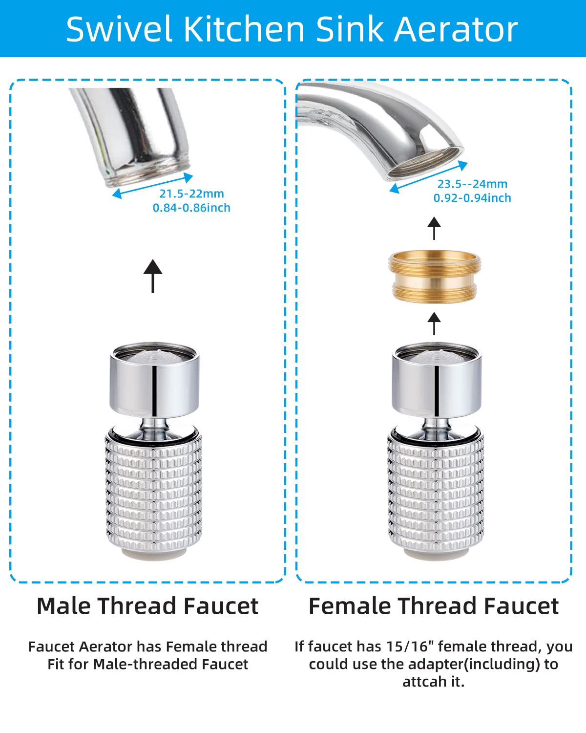 Hibbent Faucet Aerator, 360 Degree Swivel Kitchen Sink Faucet Aerator, Dual-function Bathroom 2-Flow Sprayer Faucet Head, Faucet Replacement Part, 55/64 Inch-27UNS Female Thread-Chrome