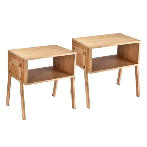Vdomus Bamboo Stackable Nightstand Set of 2-16 inches Natural Wood Matching Side Table - Wooden Bedside Tables - Minimalist Low End Table Furniture for Living Room or Bedroom