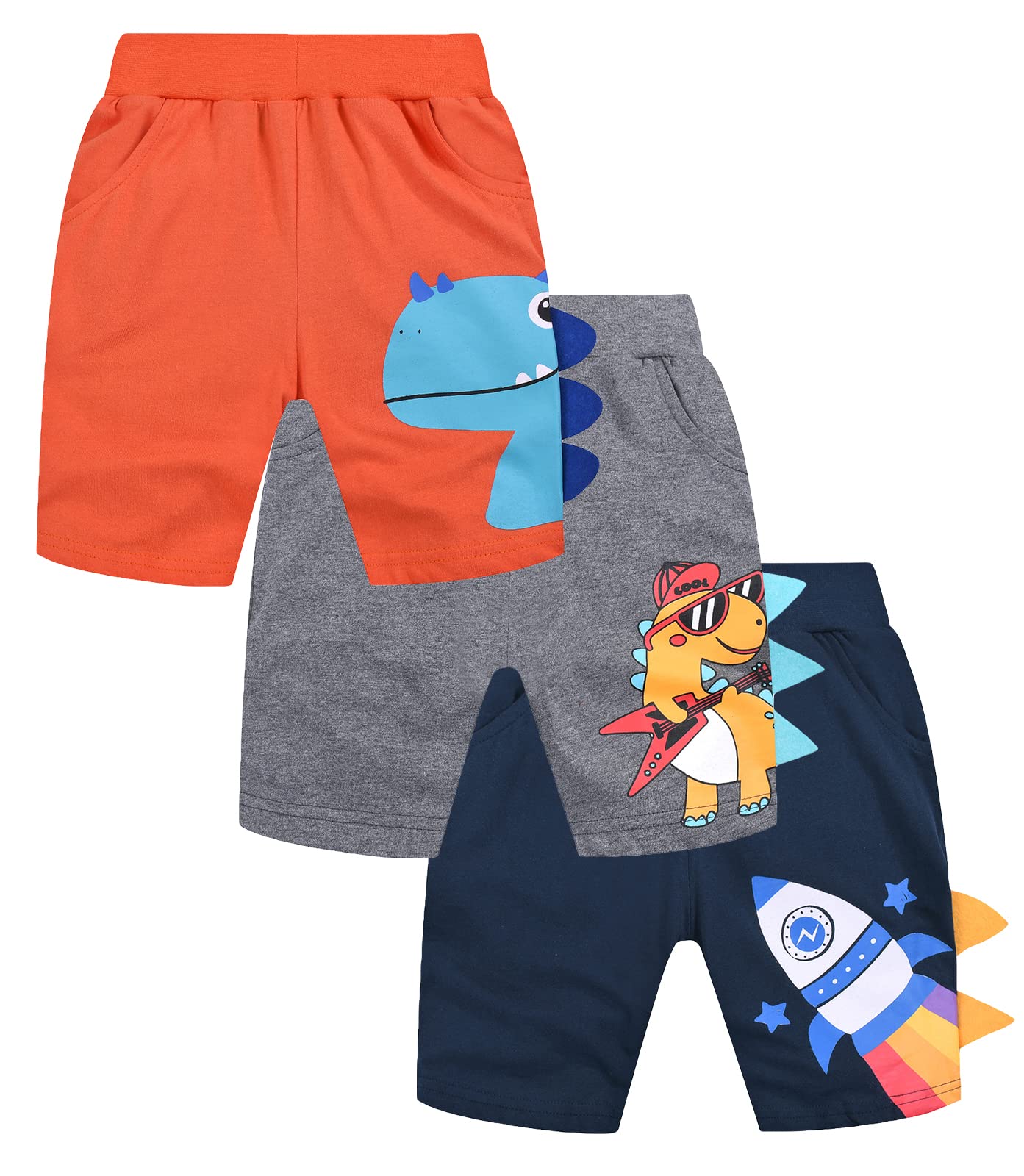 LOKTARC Toddler Boys Knit Shorts Pack of 3, Baby Summer Clothes Elephant Active Jogger Shorts Patterned 6, 4-5 Years