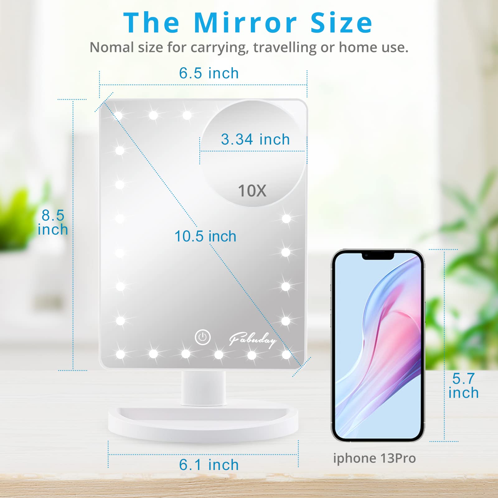 Fabuday Makeup Mirrors with Lights - Fabuady Lighted Makeup Mirror with Detachable 10X Magnification, Light Up Mirror Touch Screen and Light Adjustable, 180° Rotation, Powered by Battery, White