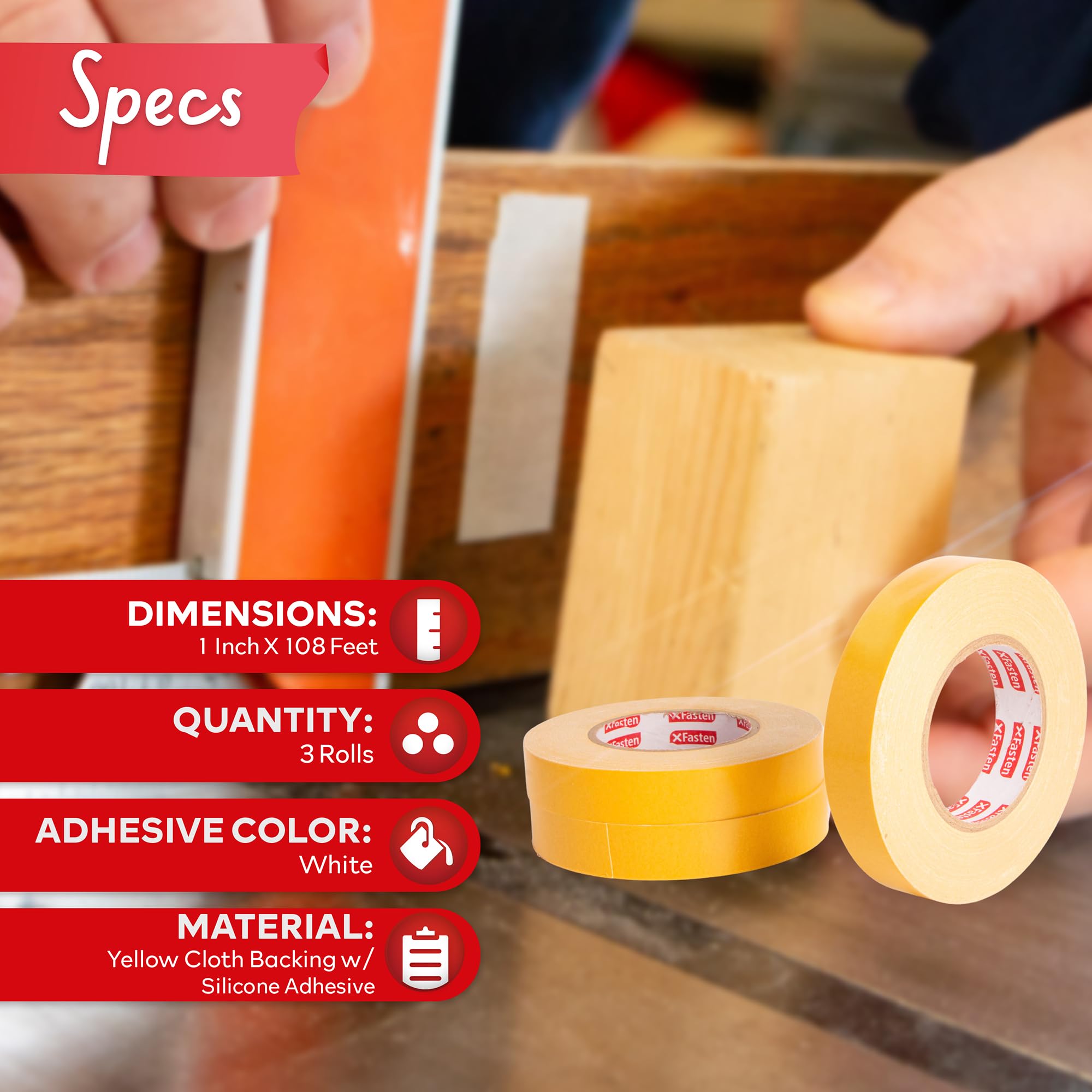 XFasten Double Sided Woodworking Tape, 1-Inch by 36-Yards, 3-Pack - Double Face Woodworker Turner's Tape for Wood Template, Removable & Residue Free