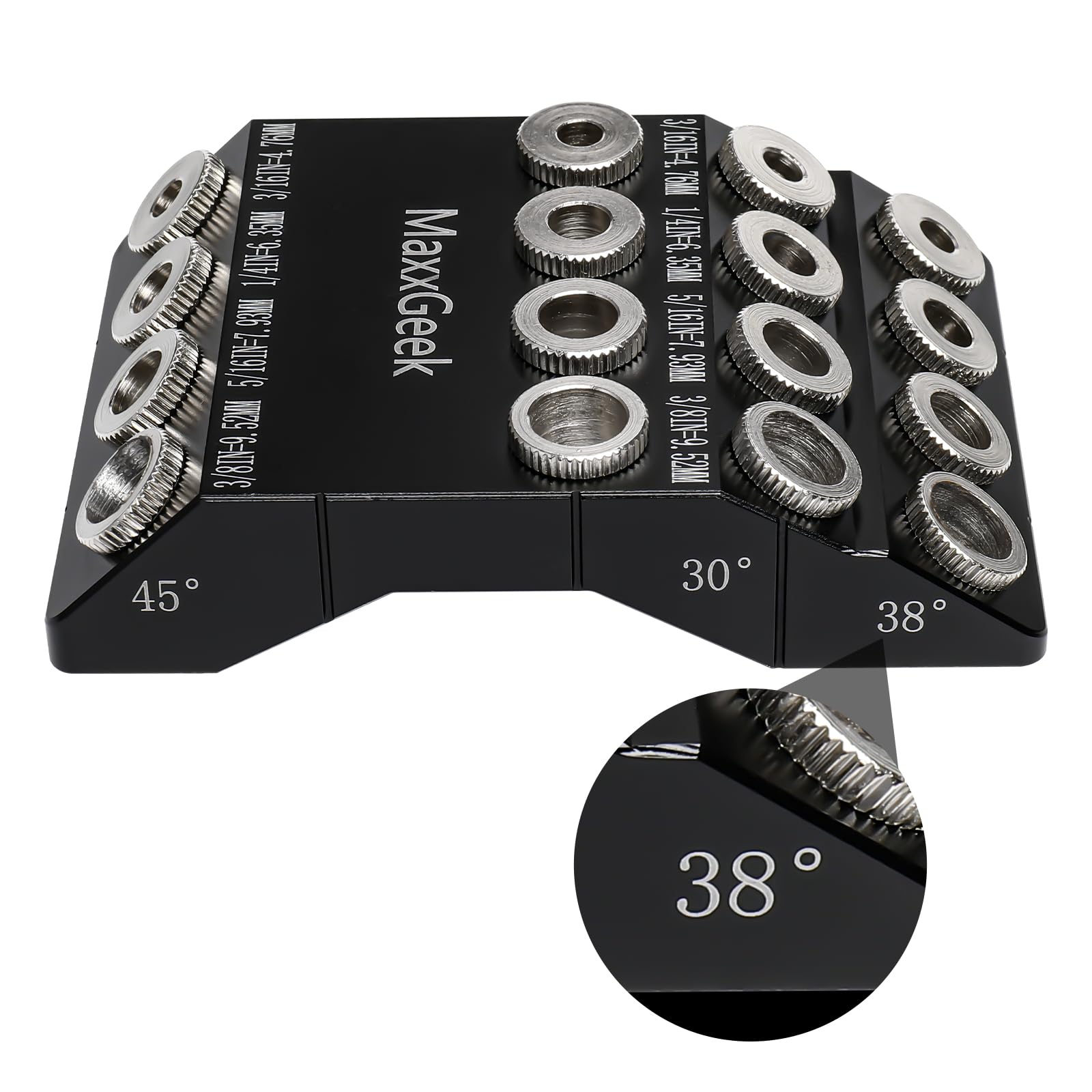 MaxxGeek Drill Guide for 30 38 45 90 Degree Angled and Straight Holes, Added 38 Degree Portable Drill Guide for Deck Stair Handrail and Horizontal Cable Wood Post (Without Drill Bit)