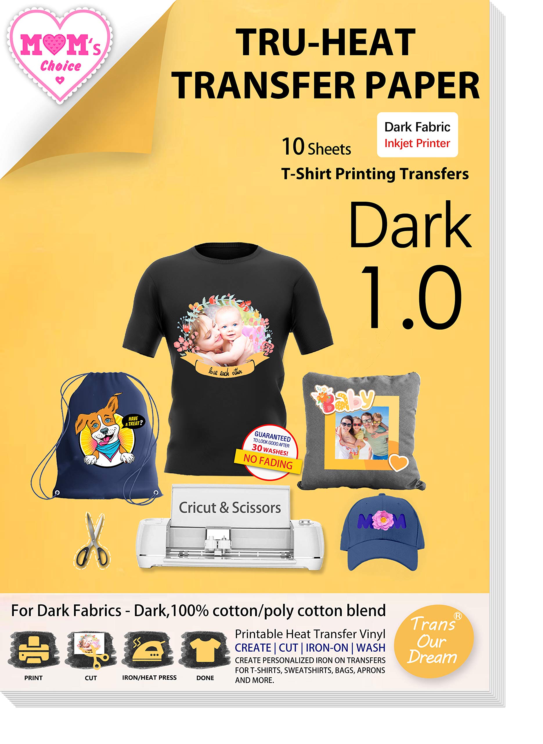 TransOurDream Tru-Heat Transfer Paper for Inkjet Printer (10 Sheets, 8.5x11") Printable Heat Transfer Vinyl for T Shirts Iron on Transfers for Dark Fabrics