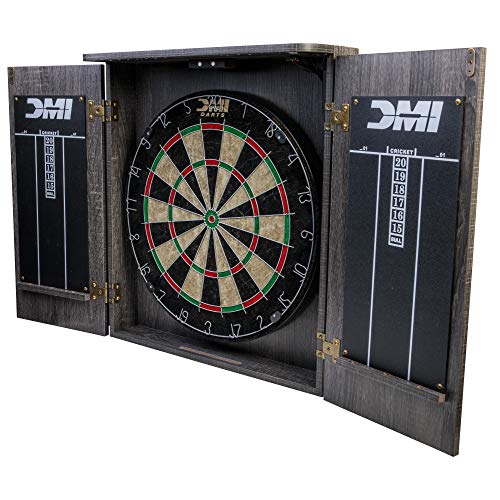 DMI Sports Paris Bristle Dartboard Cabinet Sets - Includes LED Lighting or Electronic Scoring Option, Rustic Grey (D4400W)