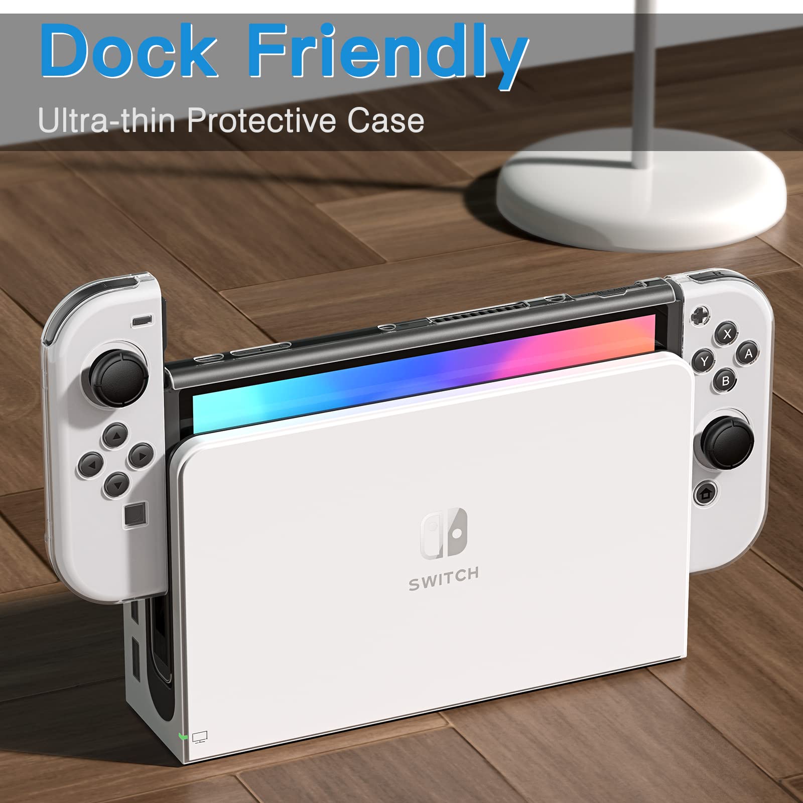 HEYSTOP Switch OLED Case Protector Compatible with Nintendo Switch OLED Model, Removable Hard PC Shell Dockable Switch OLED Protective Case Accessories with Screen Protector & Thumb Grip Caps, Clear