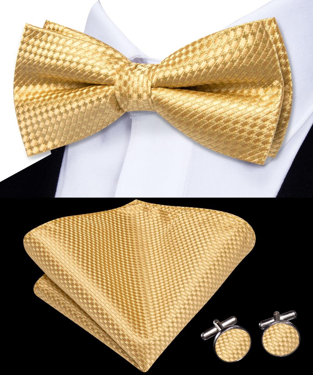 Dubulle Mens Pre-tied Bowtie and Pocket Square Set Paisley/Striped/Checks Bowties for Men,Gold Checks