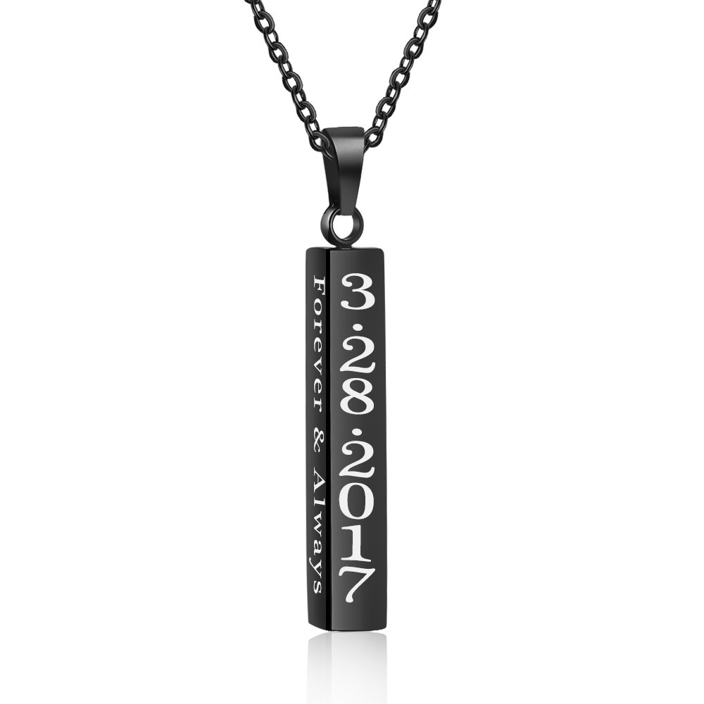 diamondidde Personalized Custom Message Names Pendant Necklace Unisex Stainless Steel Vertical Cuboid Bar Necklace (Black)